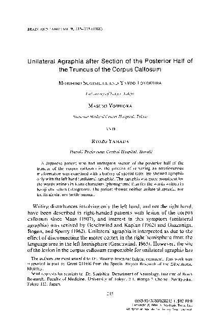 (PDF) Unilateral agraphia after section of the posterior half of the truncus of the corpus callosum