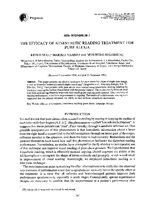 (PDF) The efficacy of kinesthetic reading treatment for pure alexia