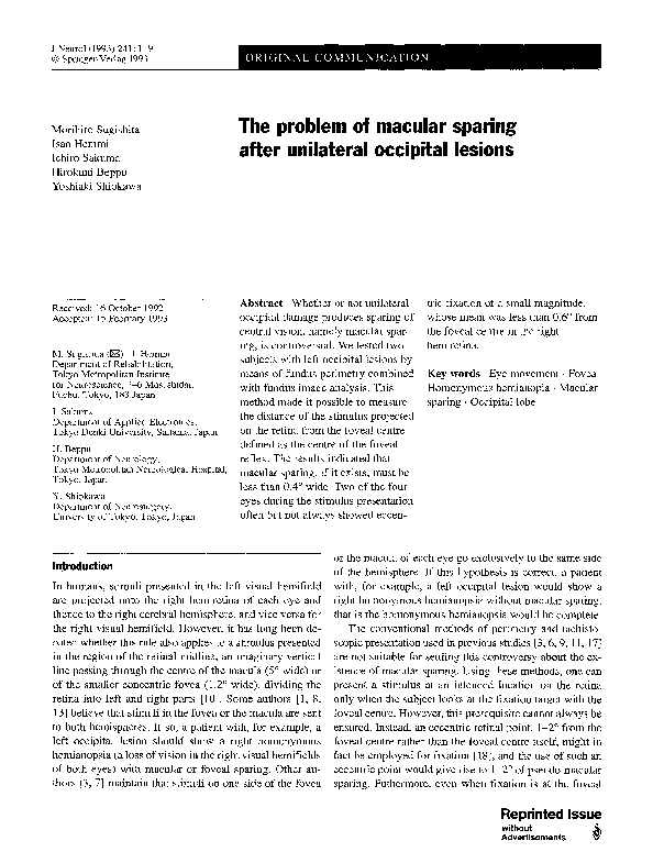 (PDF) The problem of macular sparing after unilateral occipital lesions ...