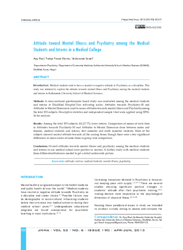 (PDF) Attitude towards Mental illness and Psychiatry among the Medical students and Interns in a ...