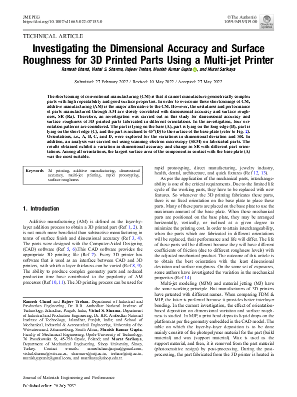 (PDF) Investigating the Dimensional Accuracy and Surface Roughness for 3D Printed Parts Using a ...