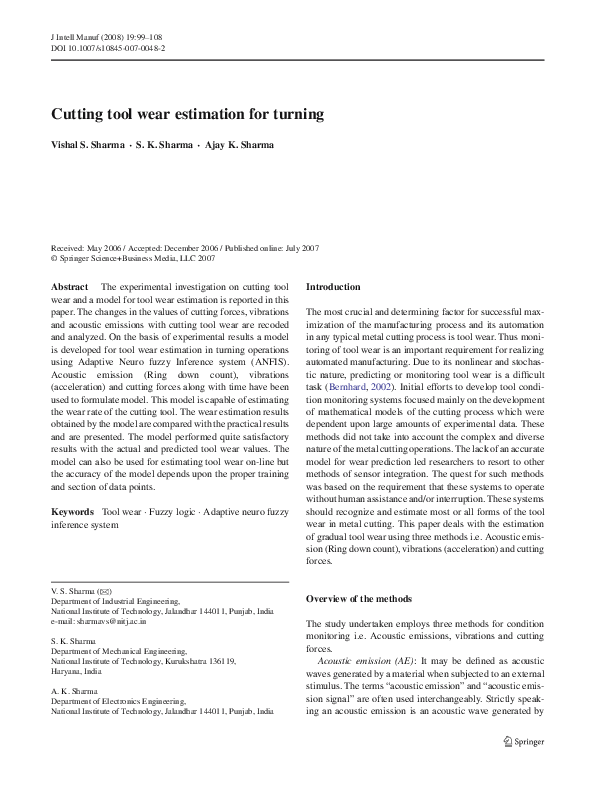 Pdf Cutting Tool Wear Estimation For Turning