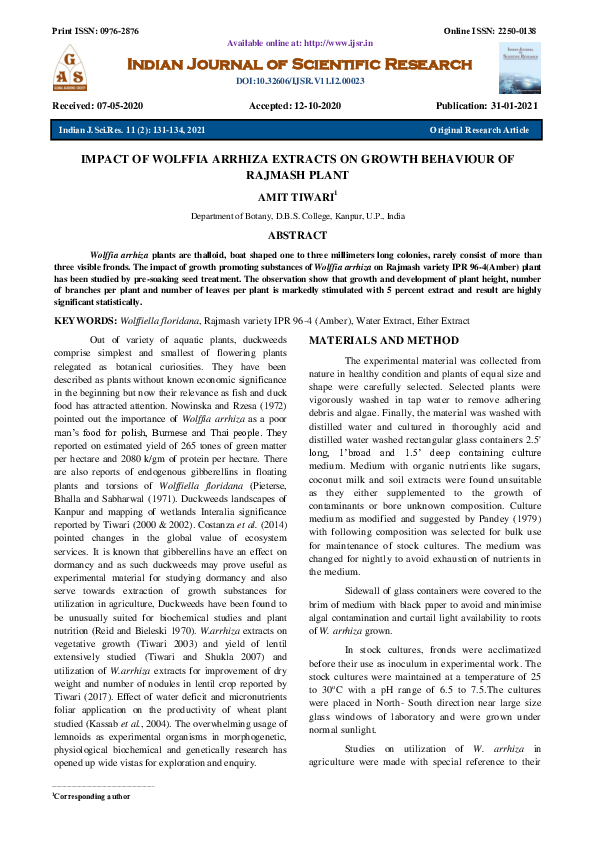 (PDF) IMPACT OF WOLFFIA ARRHIZA EXTRACTS ON GROWTH BEHAVIOUR OF RAJMASH ...