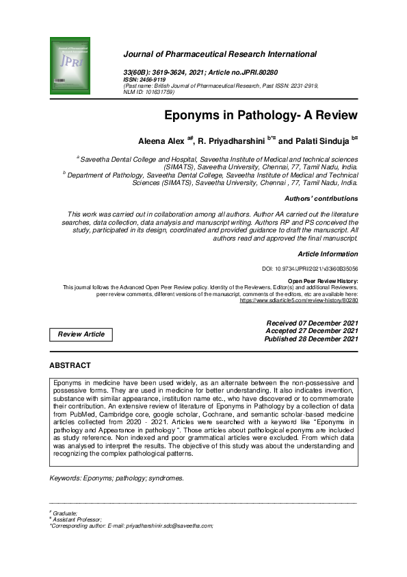 (PDF) Eponyms in Pathology- A Review