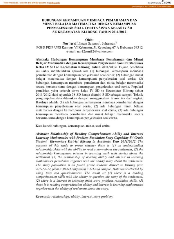 (PDF) Hubungan Kemampuan Membaca Pemahaman Dan Minat Belajar Matematika Dengan Kemampuan ...