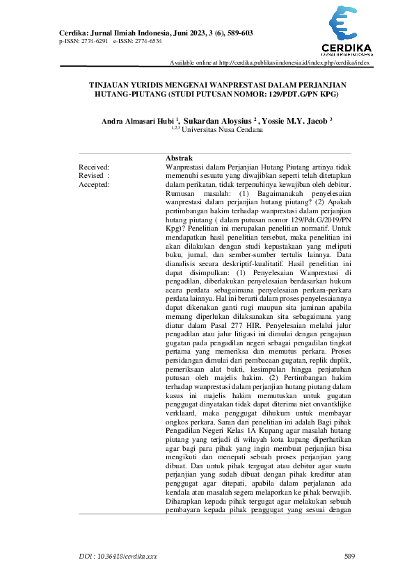 (PDF) Tinjauan Yuridis Mengenai Wanprestasi Dalam Perjanjian Hutang-Piutang (Studi Putusan Nomor ...