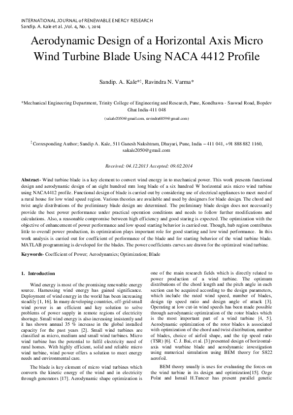(PDF) Aerodynamic Design of a Horizontal Axis Micro Wind Turbine Blade Using NACA 4412 Profile