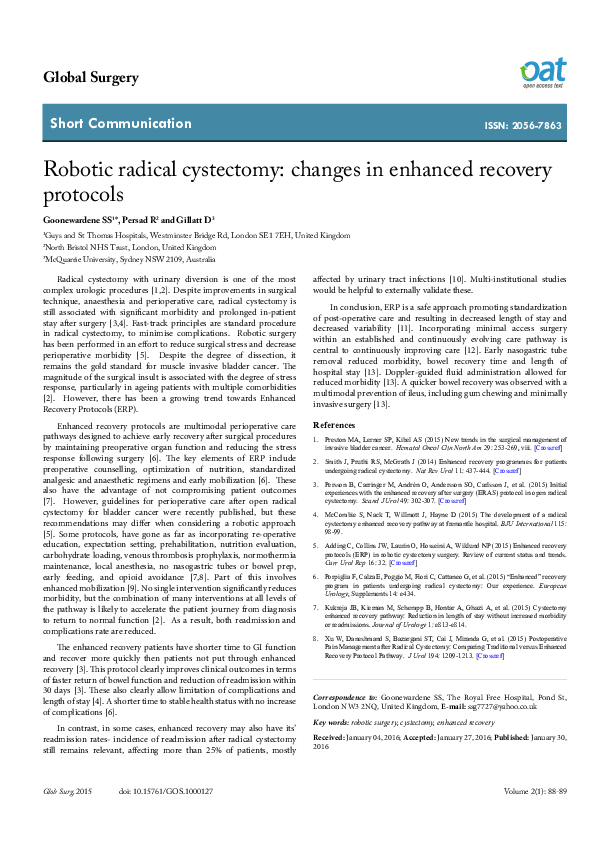 (PDF) Robotic radical cystectomy: changes in enhanced recovery ...