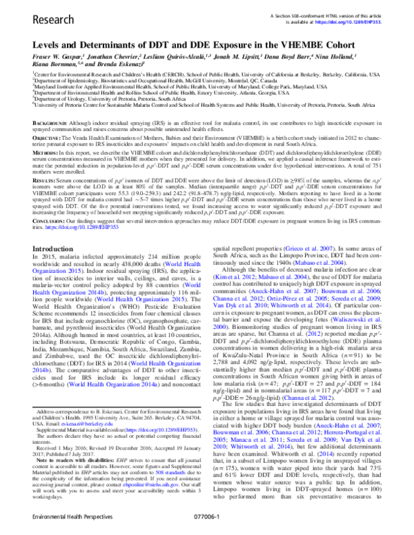 (PDF) Levels and Determinants of DDT and DDE Exposure in the VHEMBE Cohort