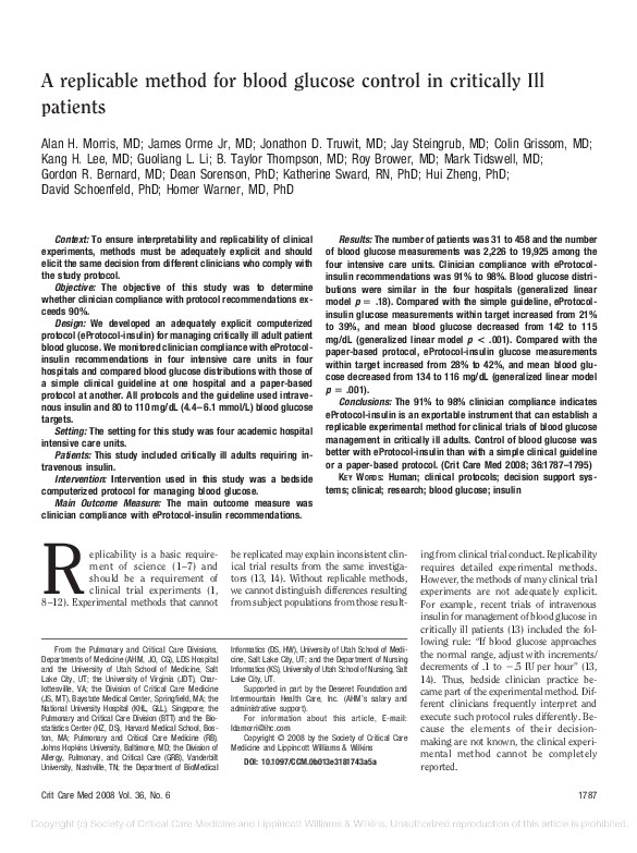 (PDF) A replicable method for blood glucose control in critically Ill ...