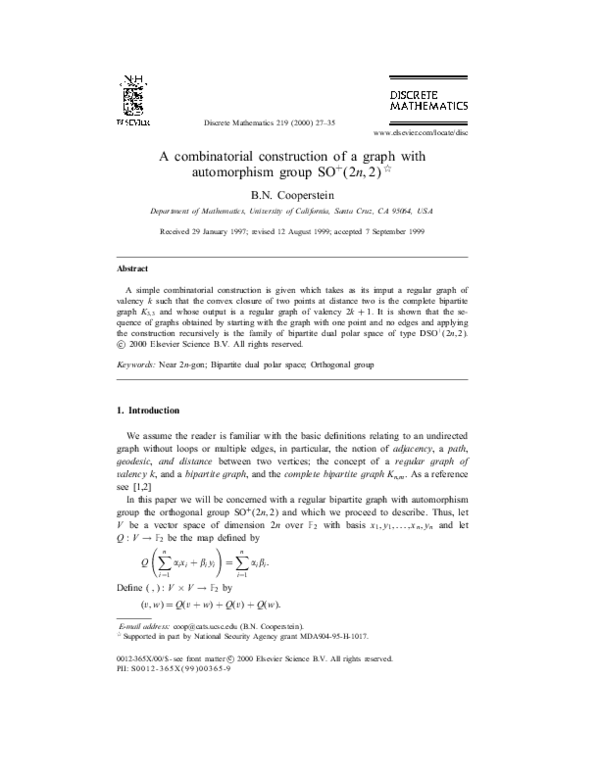 (PDF) A combinatorial construction of a graph with automorphism group SO+(2n,2)