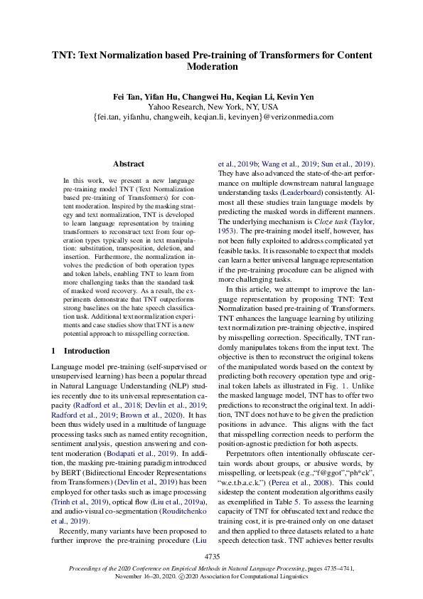 (PDF) TNT: Text Normalization based Pre-training of Transformers for Content Moderation