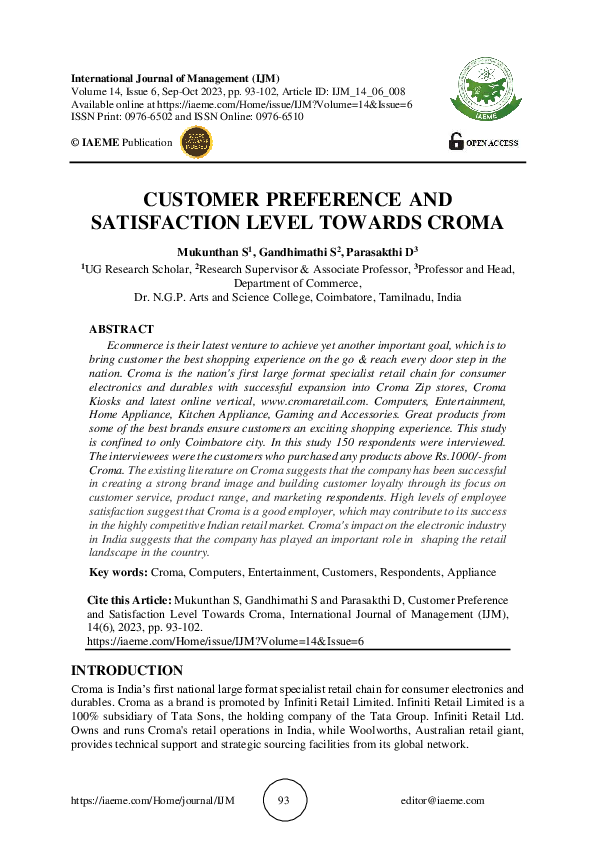 (PDF) CUSTOMER PREFERENCE AND SATISFACTION LEVEL TOWARDS CROMA