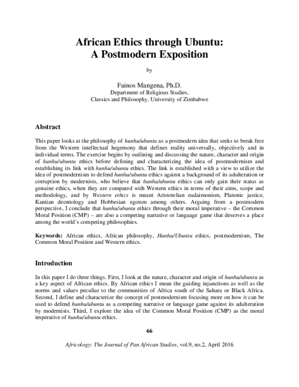 (PDF) African Ethics through Ubuntu: A Postmodern Exposition