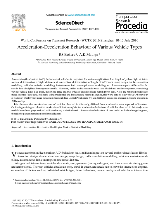 (PDF) Acceleration-Deceleration Behaviour of Various Vehicle Types