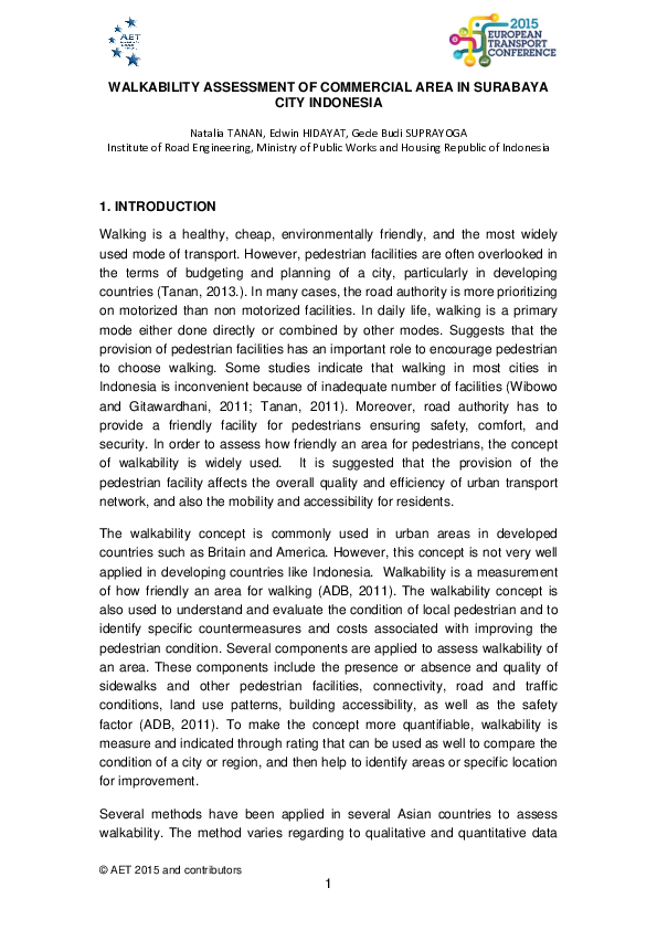 (PDF) Walkability Assessment of Commercial Area in Surabaya City Indonesia