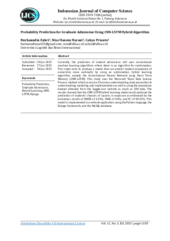 (PDF) Probability Prediction for Graduate Admission Using CNN-LSTM Hybrid Algorithm