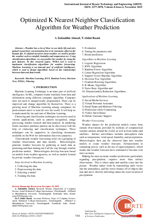 (PDF) Optimized K Nearest Neighbor Classification Algorithm for Weather Prediction