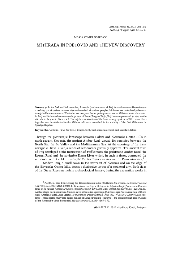 (PDF) Mithraea in Poetovio and the New Discovery