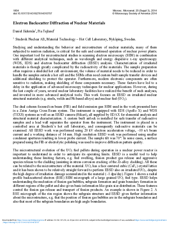 (PDF) Electron Backscatter Diffraction of Nuclear Materials