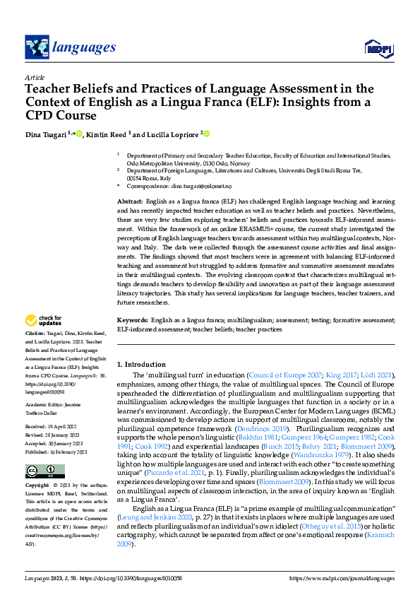 (PDF) Teacher Beliefs and Practices of Language Assessment in the Context of English as a Lingua ...