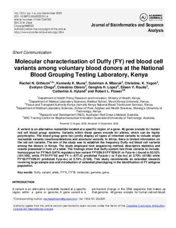 (PDF) Molecular characterisation of Duffy (FY) red blood cell variants among voluntary blood ...