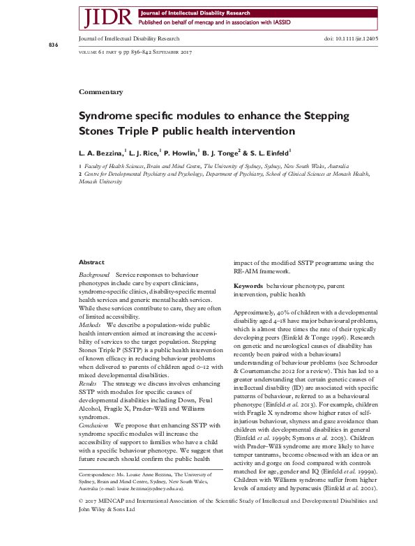 (PDF) Syndrome specific modules to enhance the Stepping Stones Triple P ...