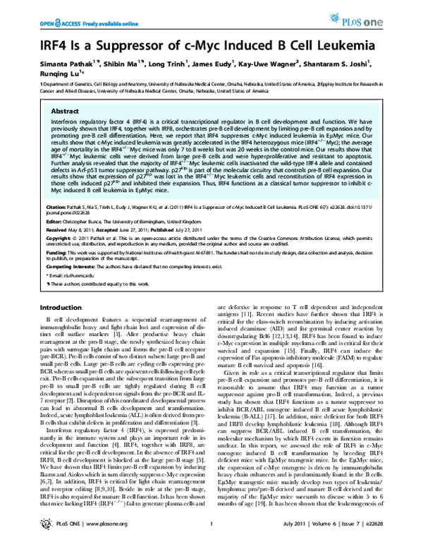 (PDF) IRF4 Is a Suppressor of c-Myc Induced B Cell Leukemia