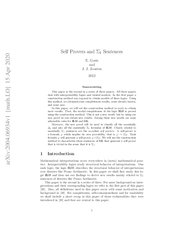 (PDF) Self Provers and $\Sigma_1$ Sentences