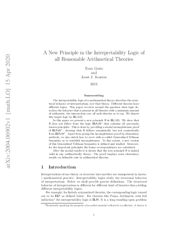 (PDF) A new principle in the interpretability logic of all reasonable arithmetical theories