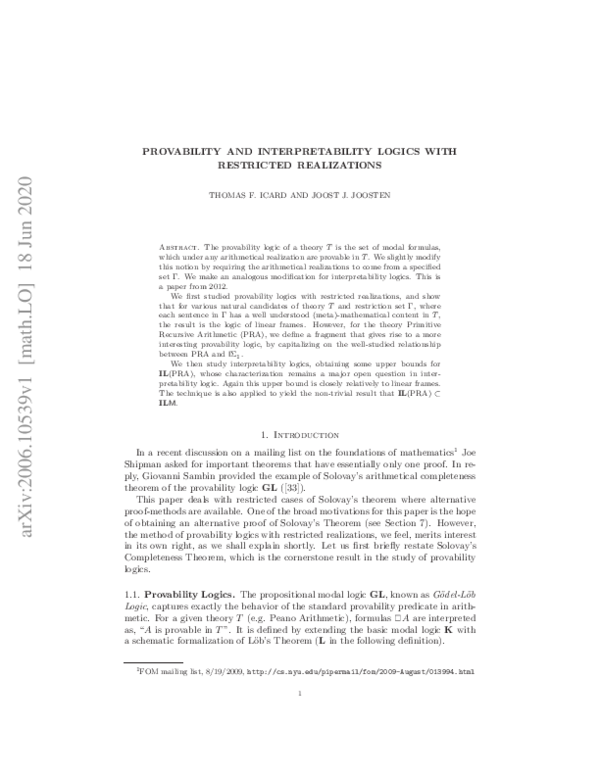 (PDF) Provability and interpretability logics with restricted realizations