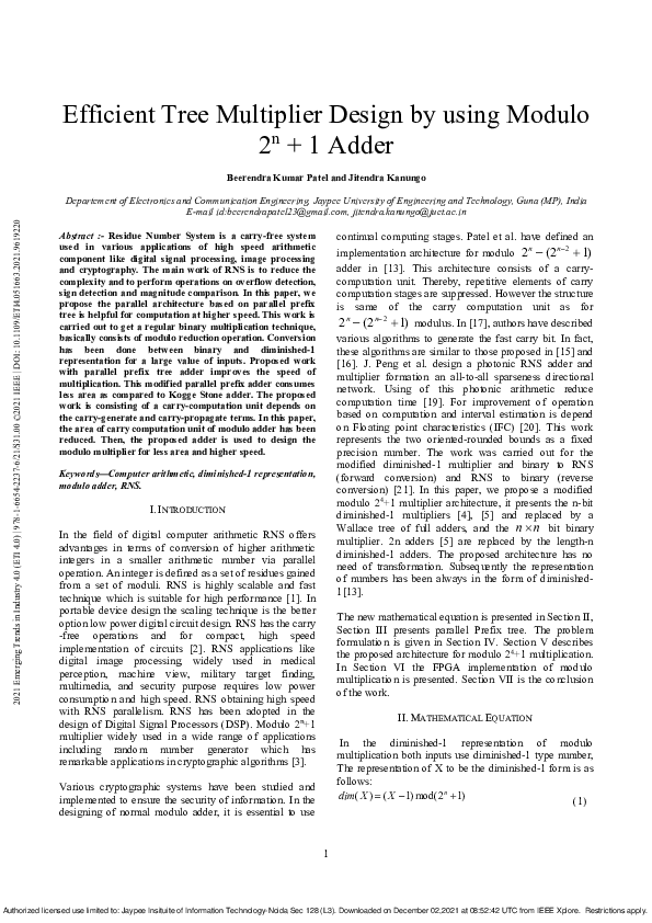 (PDF) Efficient Tree Multiplier Design by using Modulo 2 n + 1 Adder