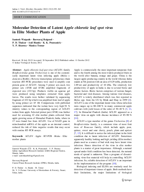 (PDF) Molecular Detection of Latent Apple chlorotic leaf spot virus in ...