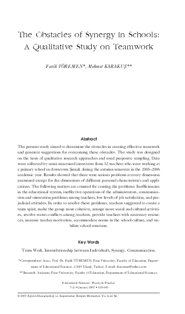 (PDF) The Obstacles of Synergy in Schools: A Qualitative Study on Teamwork