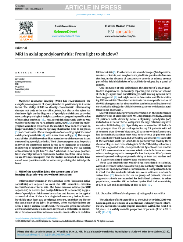 (PDF) MRI in axial spondyloarthritis: From light to shadow?