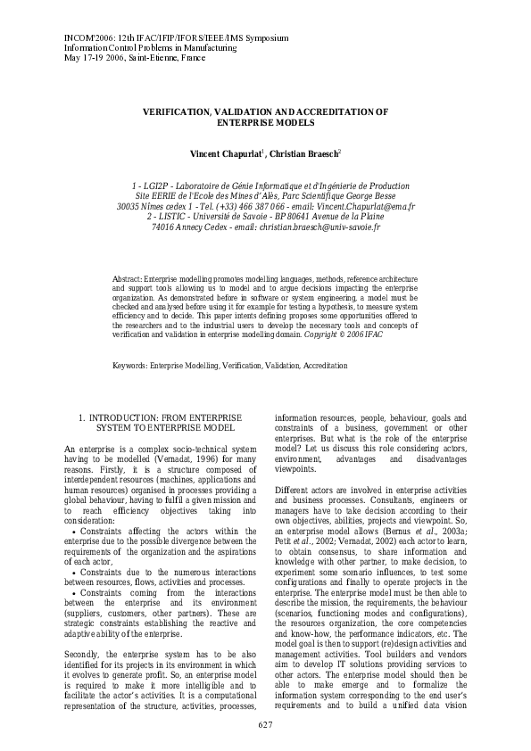 (PDF) Verification, Validation and Accreditation of Enterprise Models