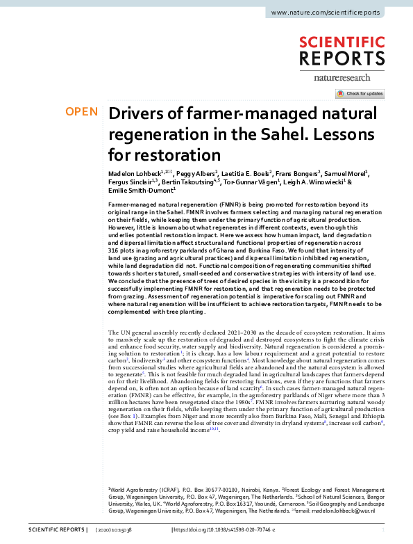 (PDF) Drivers of farmer-managed natural regeneration in the Sahel. Lessons for restoration