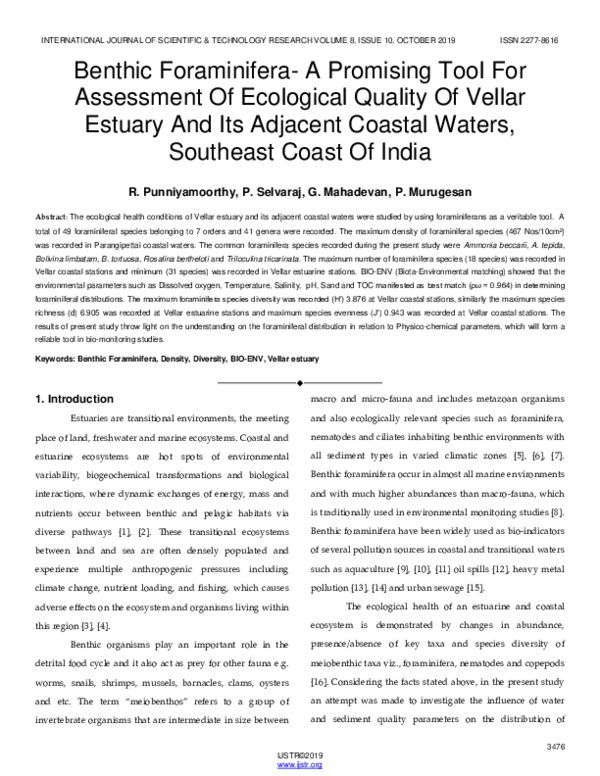 (PDF) Benthic Foraminifera- A Promising Tool For Assessment Of Ecological Quality Of Vellar ...