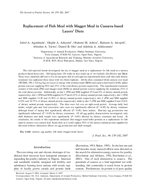 (PDF) Replacement of Fish Meal with Maggot Meal in Cassava-based Layers ...
