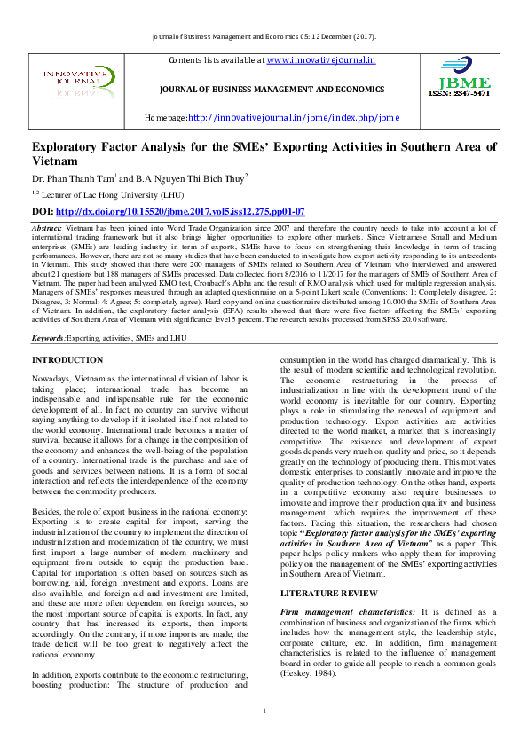 (PDF) Exploratory Factor Analysis Forthe Smes’ Exporting Activitiesin Southern Area of Vietnam
