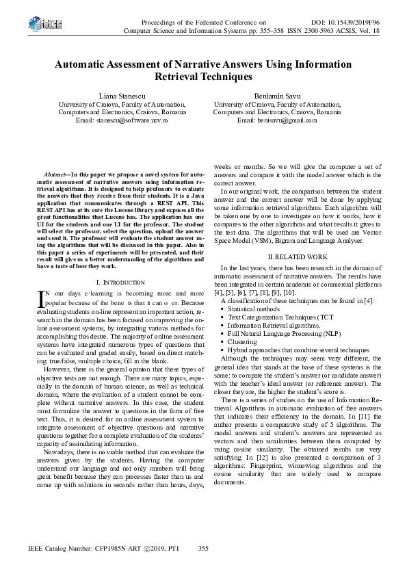 (PDF) Experiments in Automatic Assessment Using Basic Information Retrieval Techniques