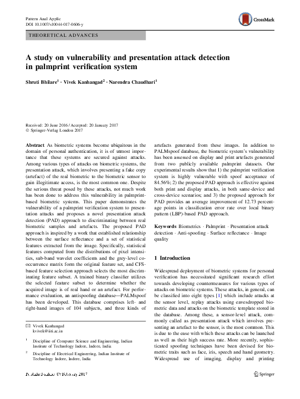 (PDF) A study on vulnerability and presentation attack detection in palmprint verification system