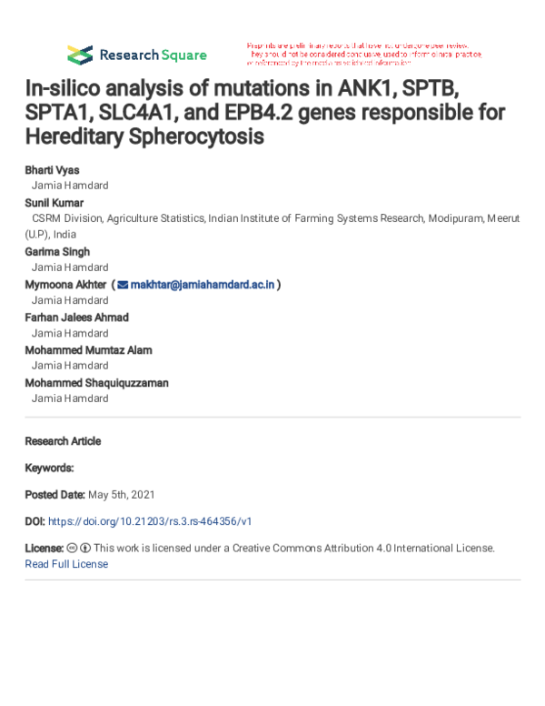 (PDF) In-silico analysis of mutations in ANK1, SPTB, SPTA1, SLC4A1, and ...