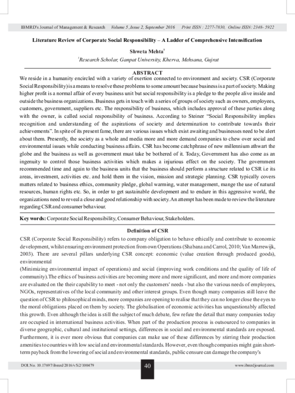 (PDF) Literature Review of Corporate Social Responsibility-A Ladder of Comprehensive ...