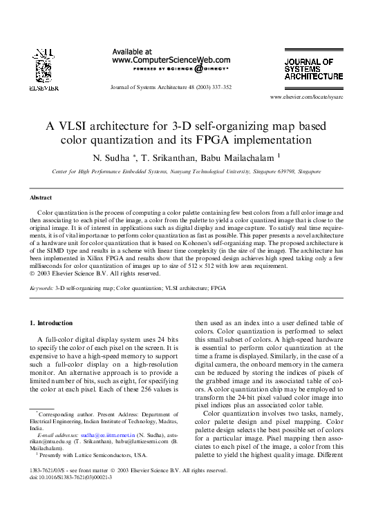 Pdf A Vlsi Architecture For 3 D Self Organizing Map Based Color Quantization And Its Fpga 3400
