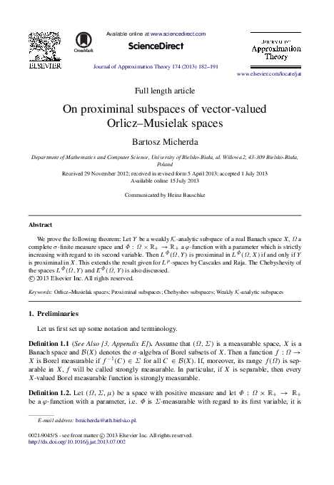 (PDF) On proximinal subspaces of vector-valued Orlicz–Musielak spaces