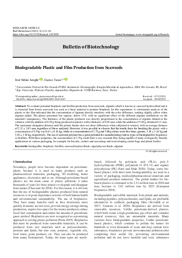 (PDF) Biodegradable Plastic and Film Production from Seaweeds