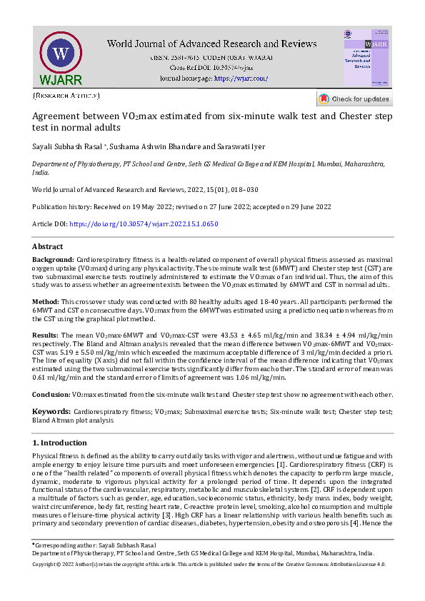 (PDF) Agreement between VO2max estimated from six-minute walk test and ...