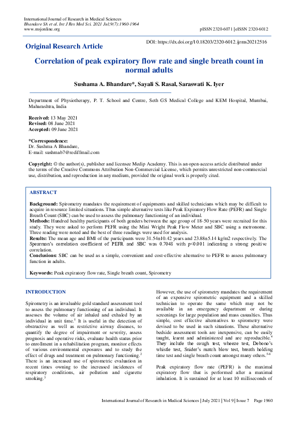 (PDF) Correlation of peak expiratory flow rate and single breath count ...