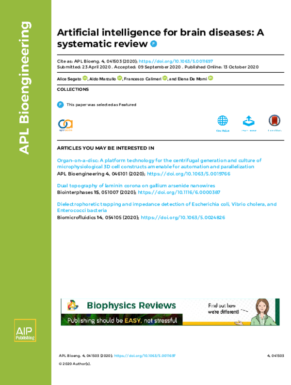 (PDF) Artificial intelligence for brain diseases: A systematic review